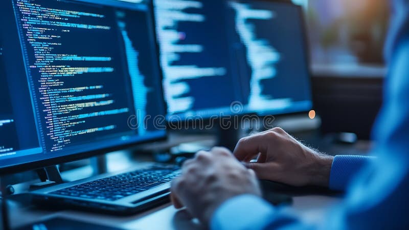 Generative Ai Focused Programmer Working On Multiple Computer Screens Capturing The Essence Of