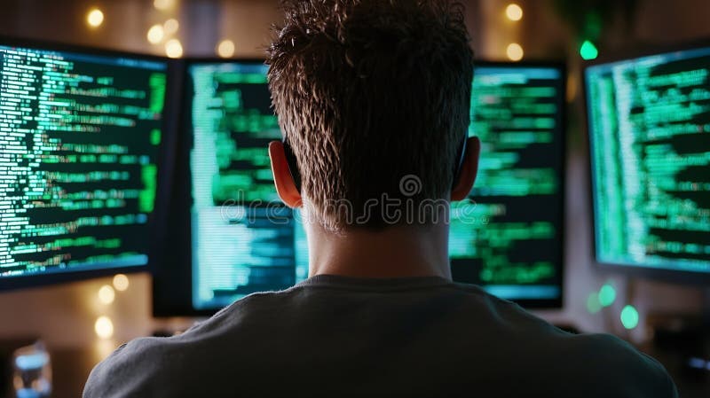 Generative Ai Focused View Of A Programmer Working Intensely On Multiple Screens Showing Coding