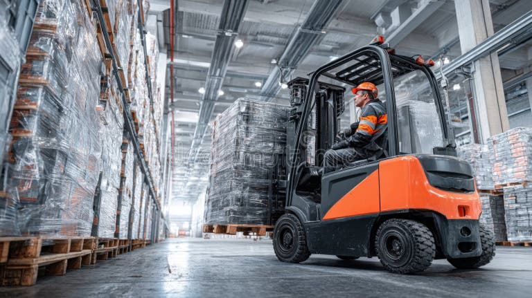 Generative AI Forklift Operator Moving Palletized Goods in a Large ...
