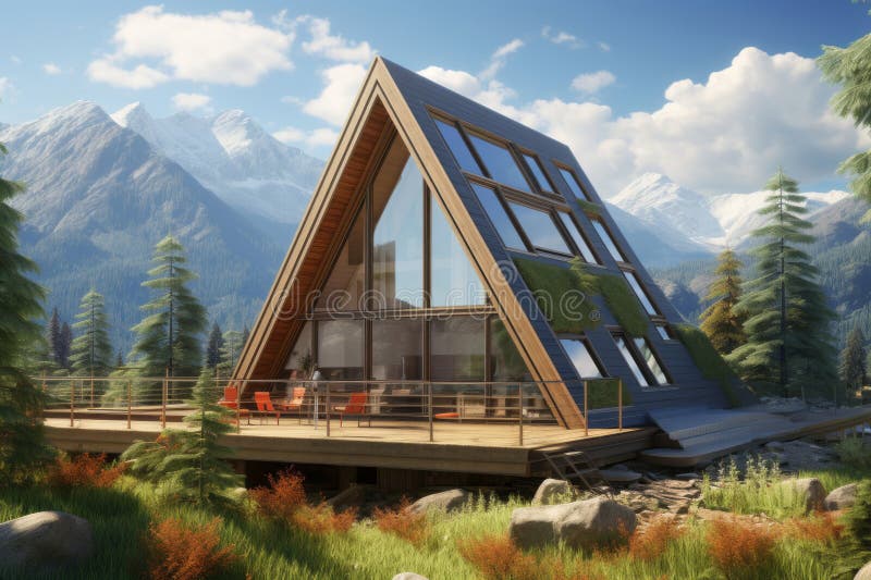 Generative AI Frame Wooden Triangular House with Panoramic Windows ...