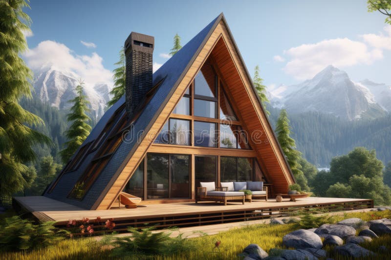 Generative AI Frame Wooden Triangular House with Panoramic Windows ...