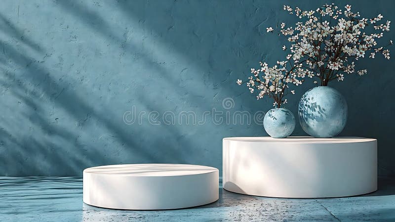 Generative AI Front View of Two White Round Empty Podiums on Dark Blue ...