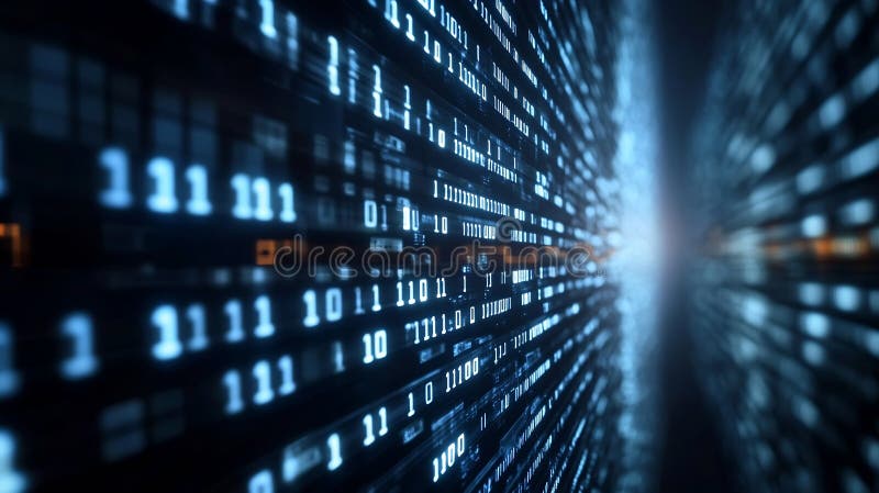 Generative AI Futuristic Digital Landscape with Cascading Binary Code Creating an Immersive Data ...