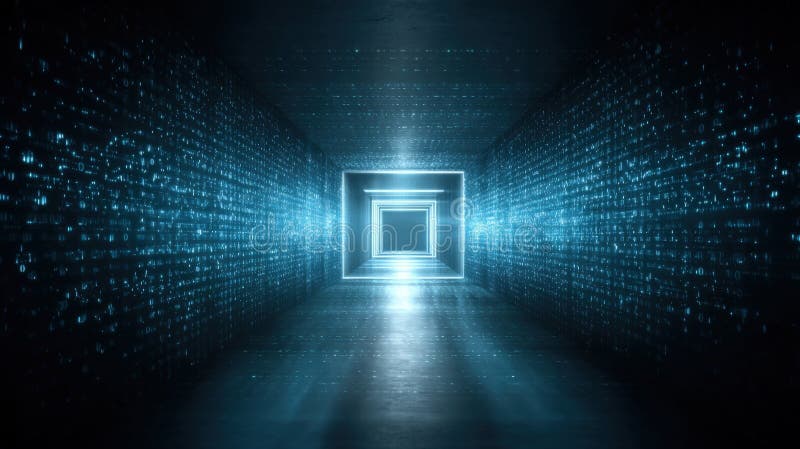 Generative AI Futuristic Digital Tunnel with Glowing Light and Matrix Code Data Stream Modern ...