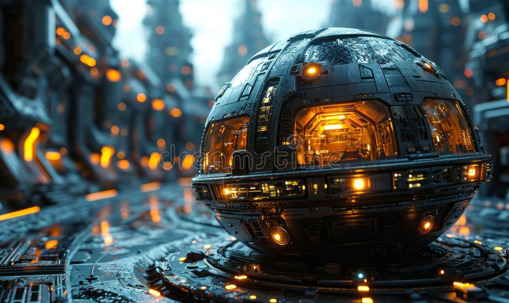 Futuristic Spherical Device with Intricate Patterns Glowing on a Dark ...