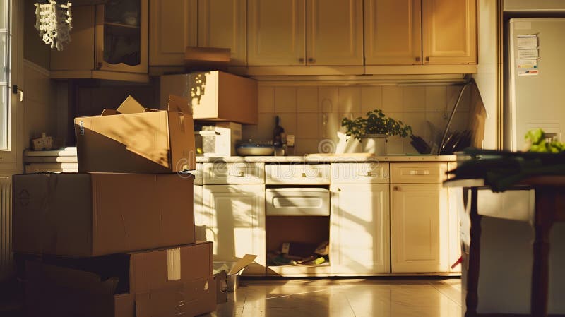Generative AI General View of Kitchen with Moving Boxes on Countertop ...