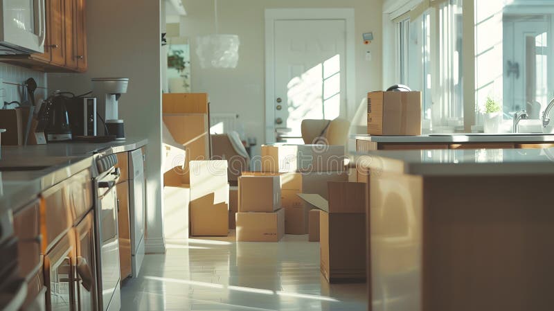 Generative AI General View of Kitchen with Moving Boxes on Countertop ...