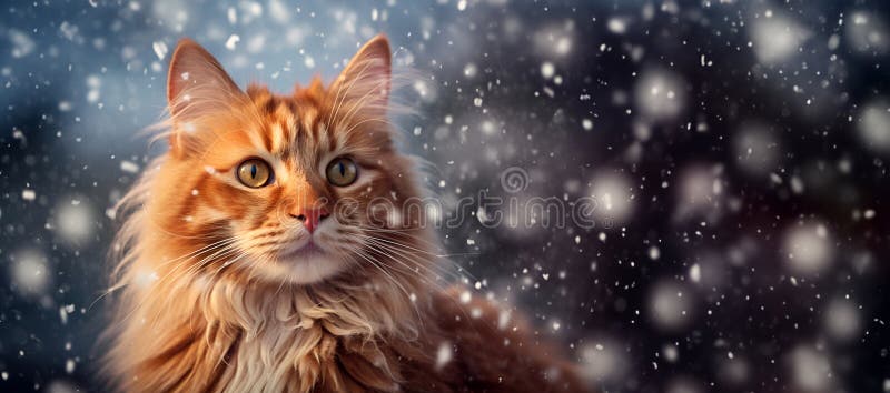 Generative AI. Ginger Cat Watches Snowflakes Fall Outside. Banner Stock ...