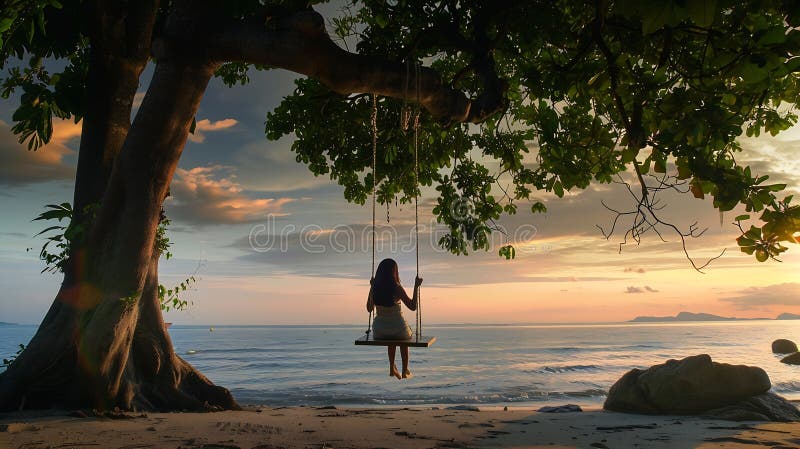 Generative Ai A Girl Swings On A Wooden Swing Under The Tree By The