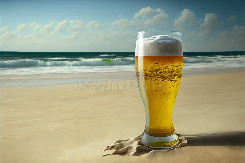 Generative AI Glass of Beer on the Beach Stock Illustration ...
