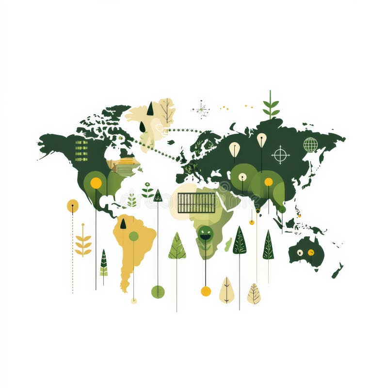 Generative AI, Global Map Featuring Green Business Hubs, Trees, and Eco ...