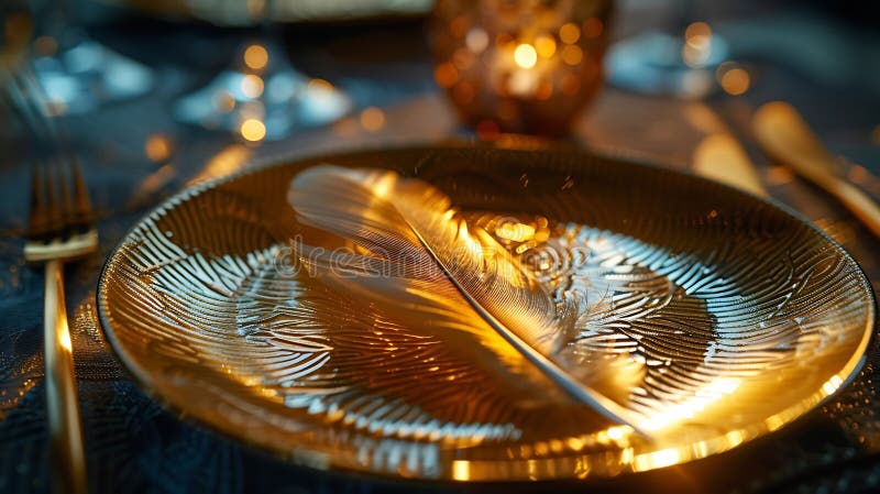 Generative AI a Golden Feather Plate on the Table a Feather Plate with ...