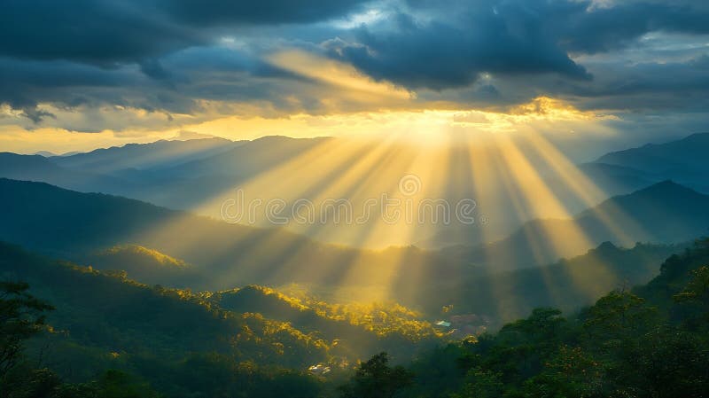 Generative AI Golden Light Rays Shining Down To Mountains Sun Rays Over ...