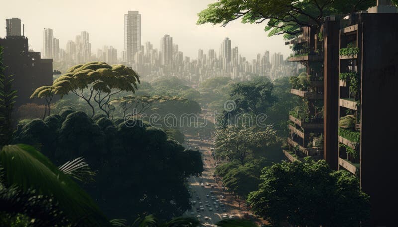Generative AI of a Green City in the Middle of the Jungle Stock ...