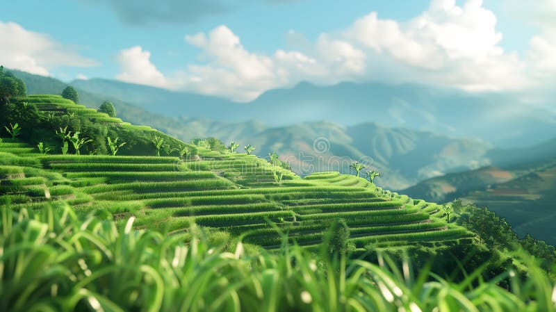 Generative AI Green Terraced Rice Fields Over Blue Sky Business Concept ...