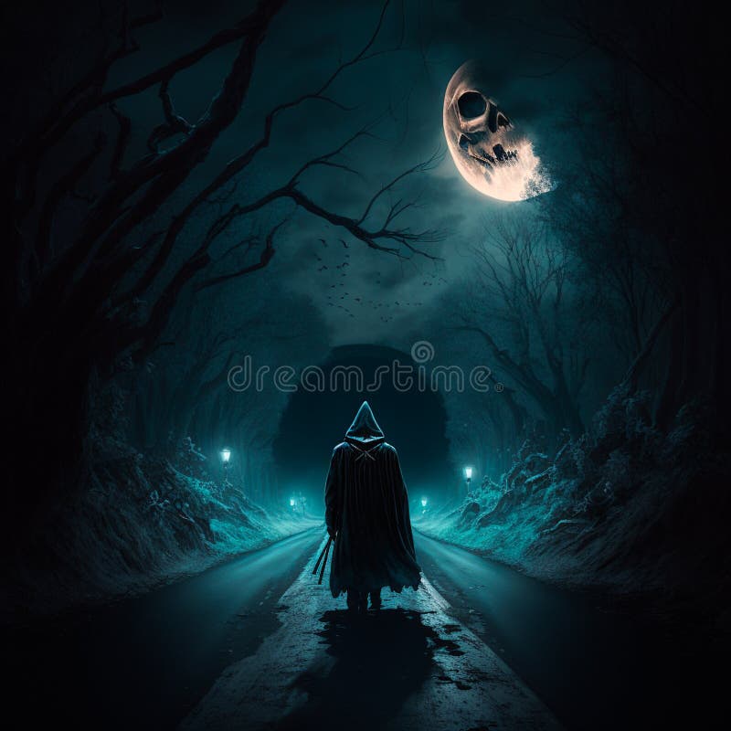 Generative Ai Grim Reaper Em Uma Estrada Lua Ilustração Stock ...