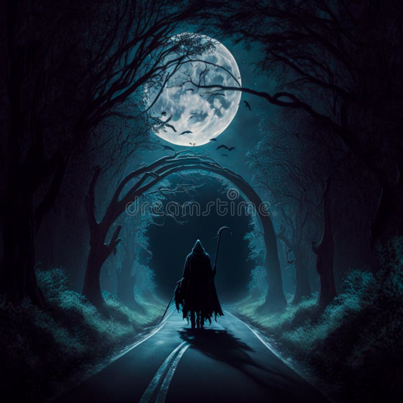 GENERATIVE AI, GENERATIVE, AI, Grim Reaper on a Moonlit Road Stock ...