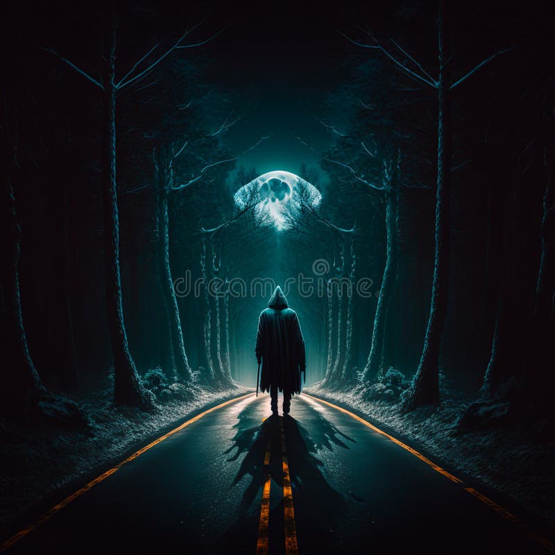 GENERATIVE AI, GENERATIVE, AI, Grim Reaper on a Moonlit Road Stock ...