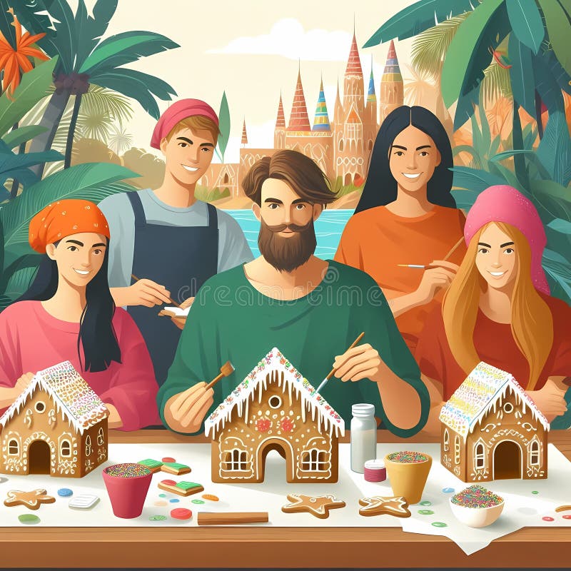 A Group of Friends Decorating Gingerbread Houses. Stock Illustration ...