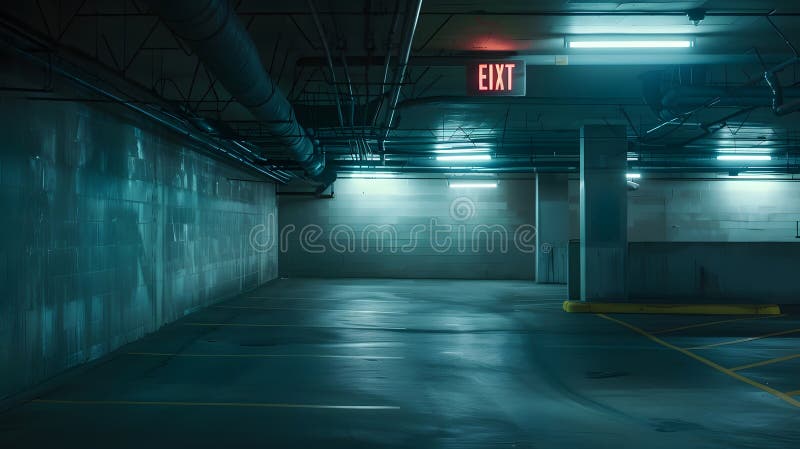 Generative AI Grungy Dimly Lit Empty Parking Garage with Overhead ...