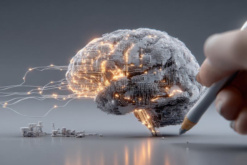 Generative AI Hand Drawing Human Brain with Digital Connections and ...