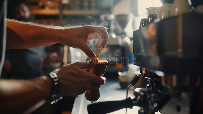 Generative AI Hand of Male Barista Making Coffee for Customers Business ... Generative AI Hand of Male Barista Making Coffee for Customers Business ...
