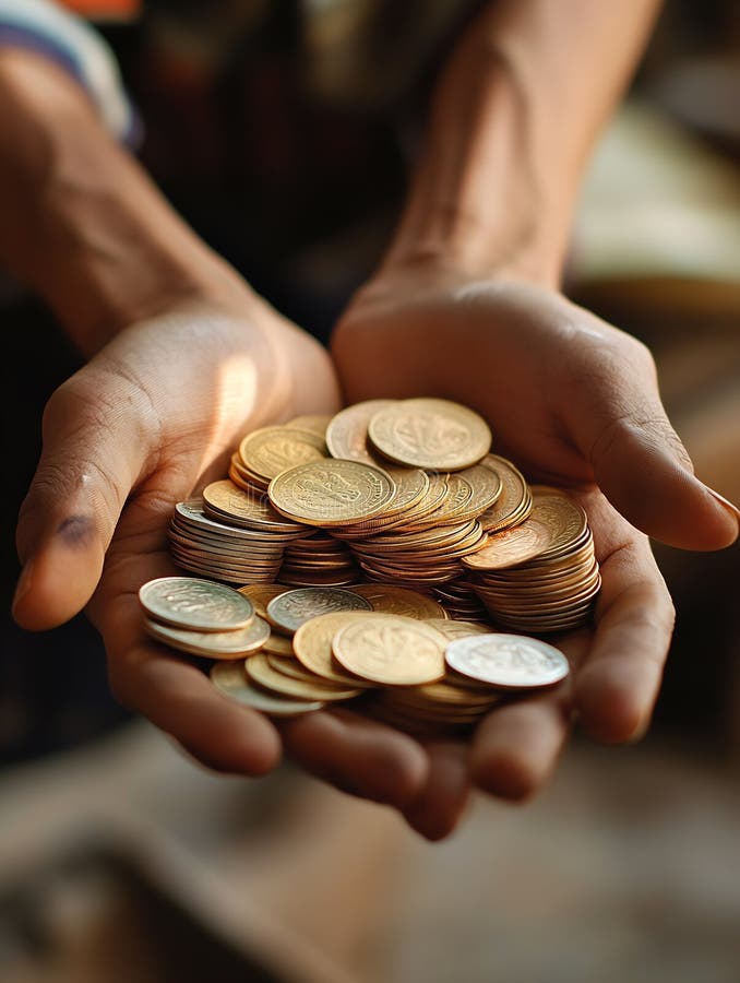 Generative AI Hands Holding Coins for Concept of Generosity and Wealth ...