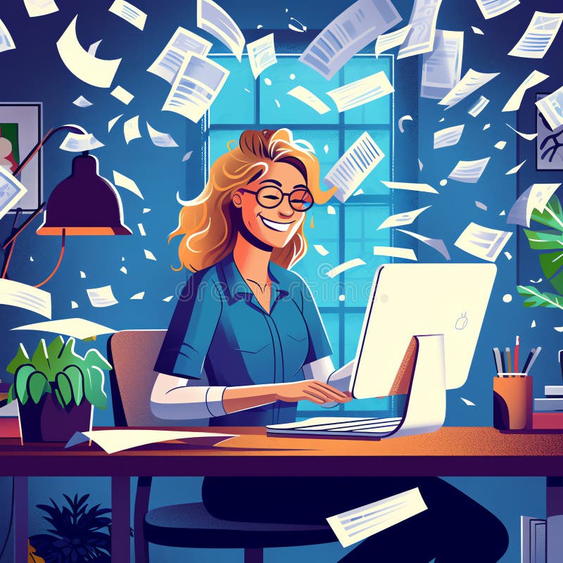 Generative AI Happy Woman at Work- Stock Illustration - Illustration of ...