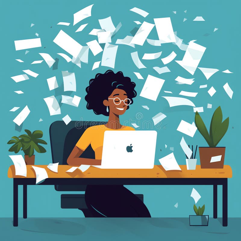 Generative AI Happy Woman at Work- Stock Illustration - Illustration of ...