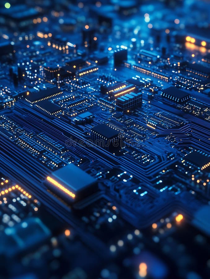 Generative AI Hightech Illuminated Blue Microchip Circuit Board ...