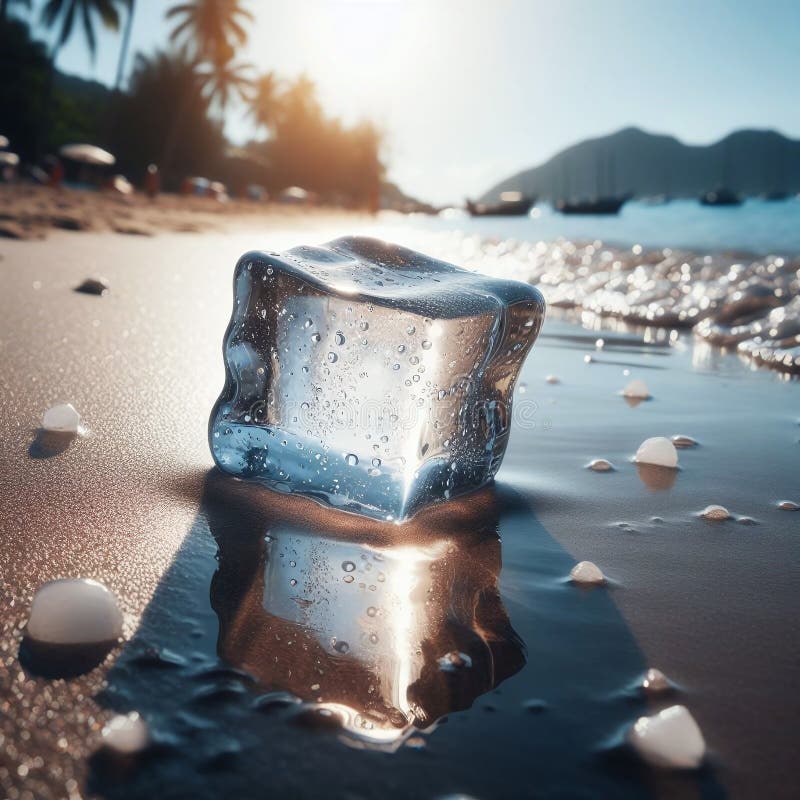 Generative AI Ice Cube Melting on the Beach Stock Illustration ...