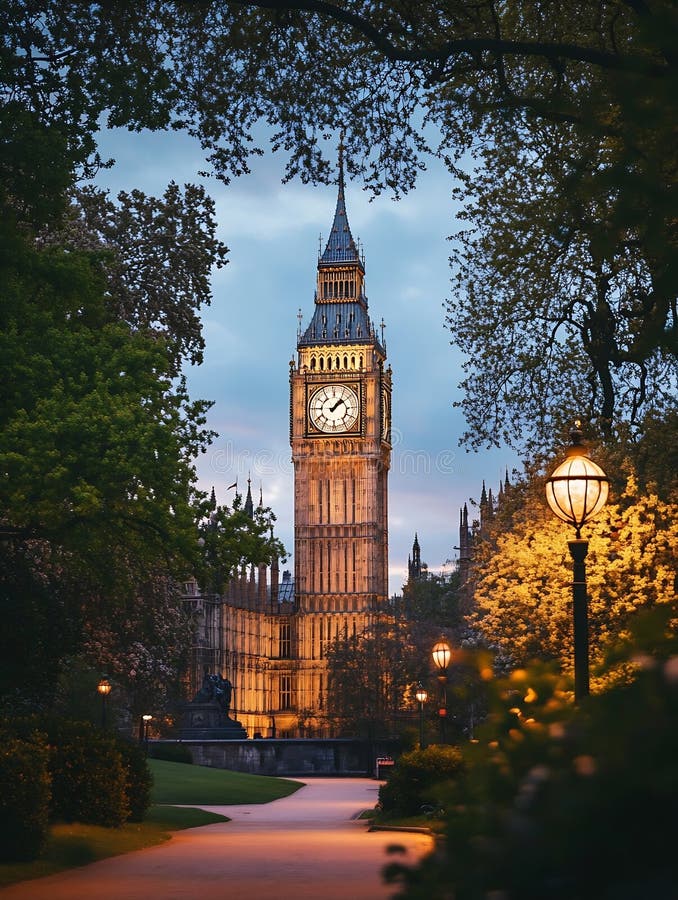 Generative AI Iconic Big Ben Clock Tower Surrounded by Green Trees in ...