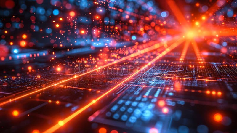 Illuminated Data Stream on Circuit Board, Representing High-Speed Data ...