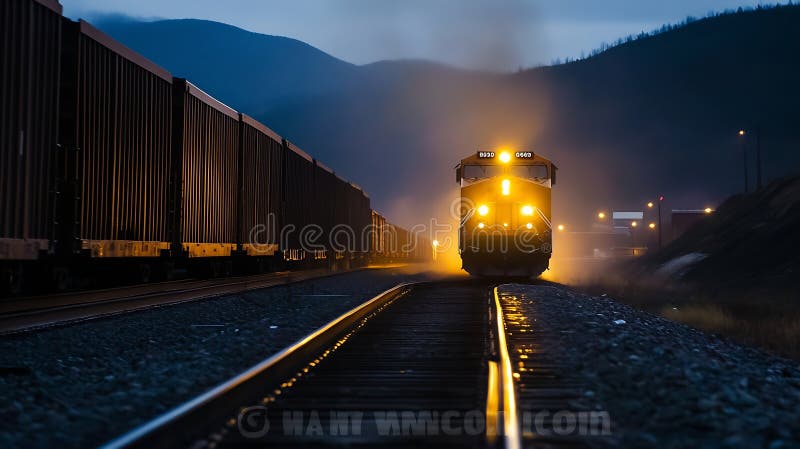 Freight Train Approaching Industrial Railroad Tracks Stock Photos ...