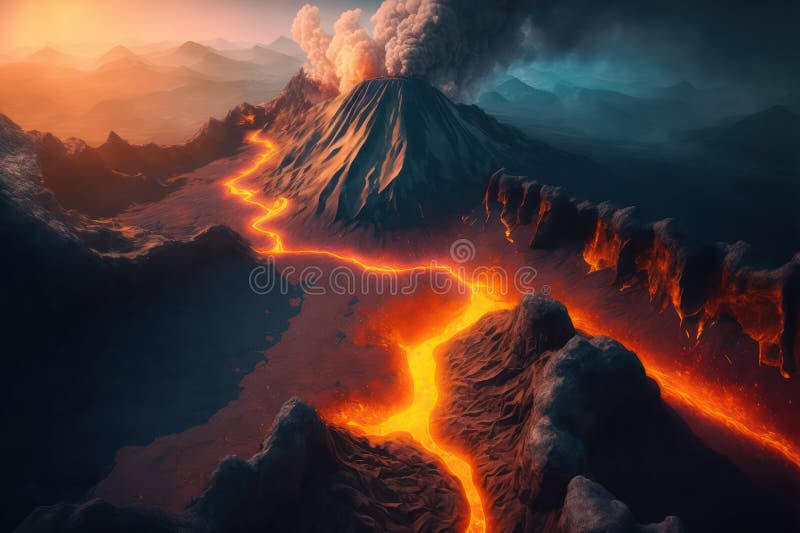 Generative AI Illustration of Volcano Erupting in Mountain Range with ...
