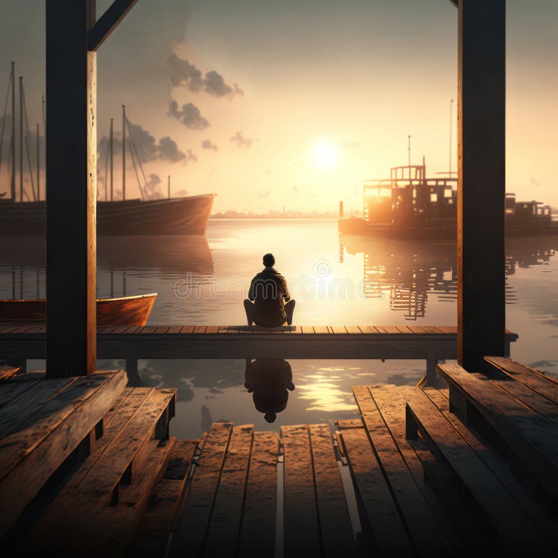 Generative AI Illustration of Man Sitting on the Dock of a Bay at ...