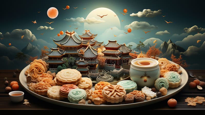 China Mid Autumn Festival, Moon Festival Food. Generative AI Stock ...