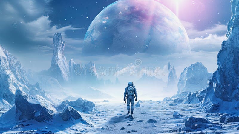 Generative Ai Illustration of an Astronaut on a Strange White Ice Planet Stock Illustration ...