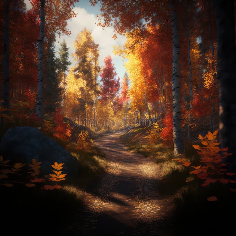 Generative AI Illustration of Autumn Fall Forest Landscape with ...