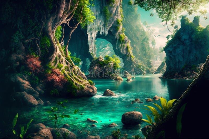 Generative AI Illustration of Beautiful Fantasy River Stock ...