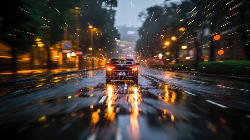 Generative Ai Illustration of Car Driving in Rain and Storm Abstract ...