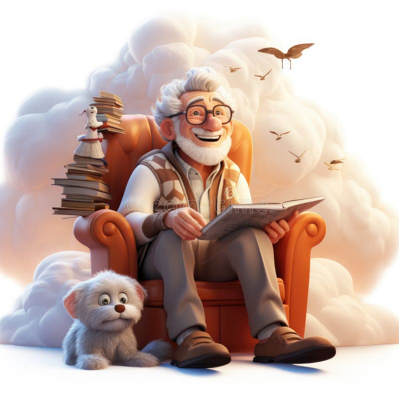 Generative Ai Illustration of Cartoon Senior Man Sitting on a Cloud ...