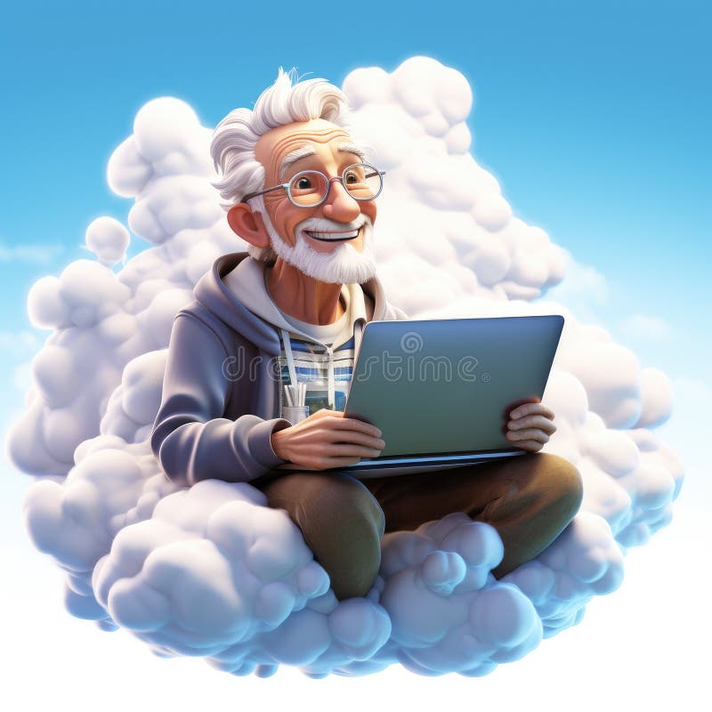 Generative Ai Illustration of Cartoon Senior Man Sitting on a Cloud ...