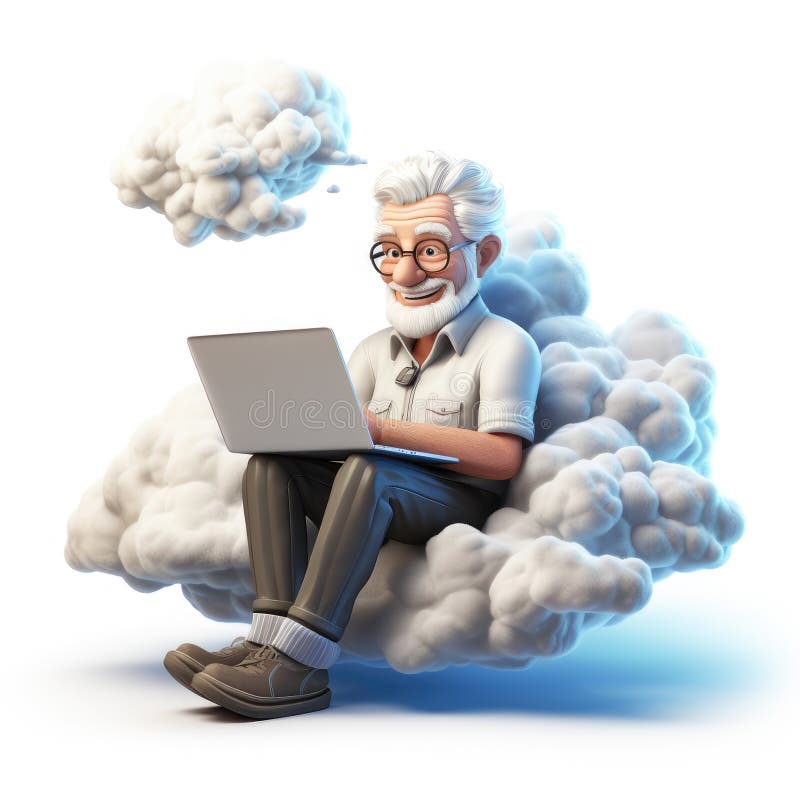Generative Ai Illustration of Cartoon Senior Man Sitting on a Cloud ...