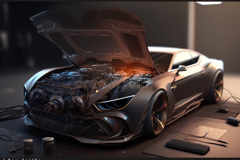 Generative AI Illustration of a Concept Car Engine in a Car Repair Shop ...