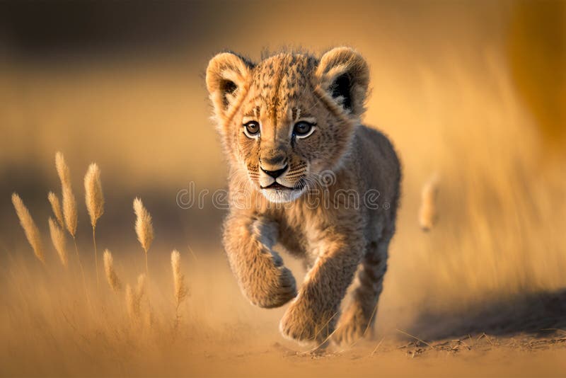 Generative AI Illustration of Cute Little Lion Cub Running Stock ...