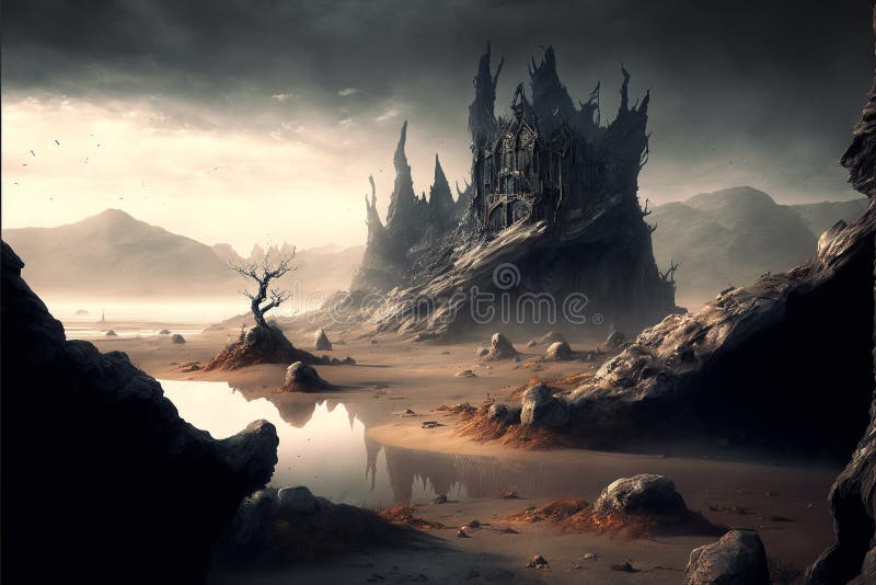 Generative AI Illustration of Dark Fantasy Landscape with Castle Stock ...
