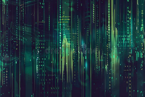 Generative Ai Illustration. Digital Data Streams Flow into Each Other - Green Binary Code Series ...