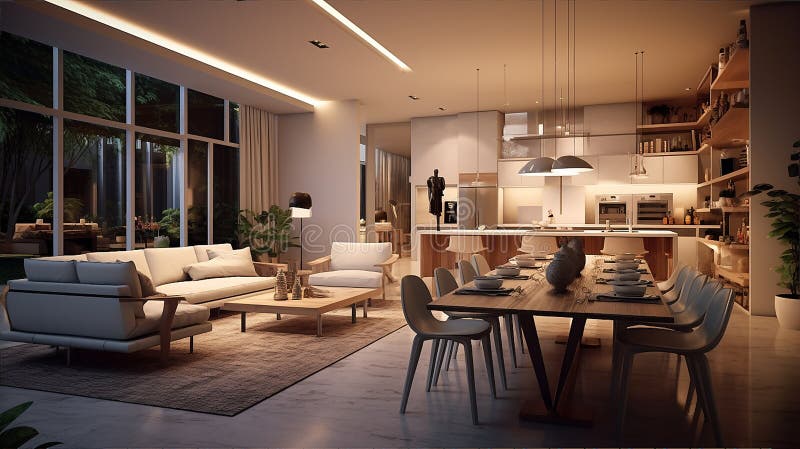 Generative Ai Illustration of Dining Room and Open Plan Kitchen by ...