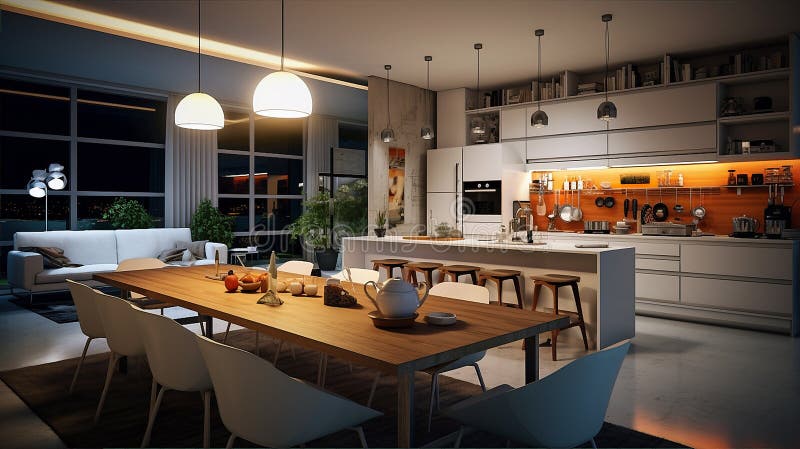 Generative Ai Illustration of Dining Room and Open Plan Kitchen by ...
